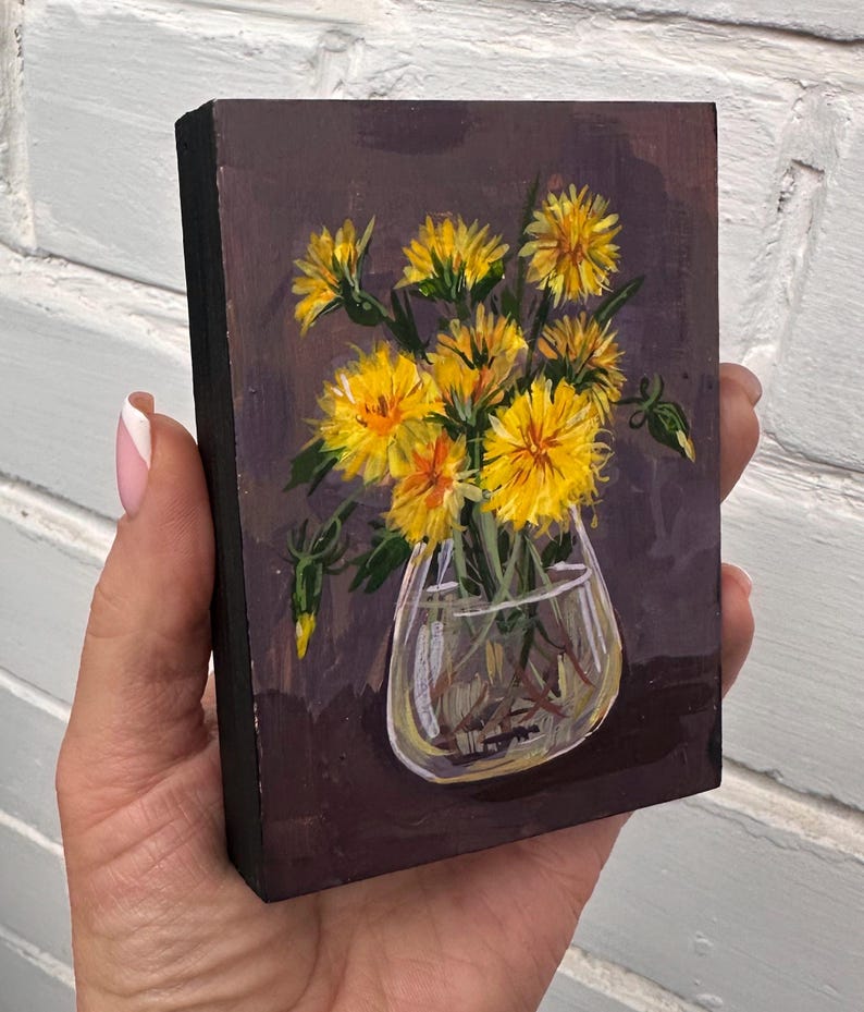 Mini Dandelion Painting on Plywood | Hand-painted Gouache Art | Nature ...