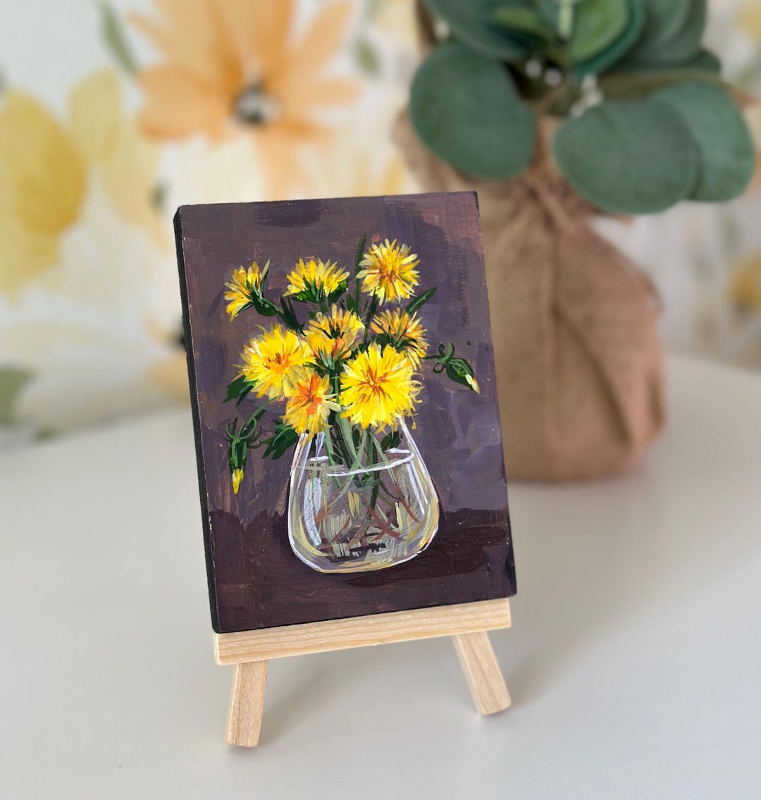 Mini Dandelion Painting on Plywood | Hand-painted Gouache Art | Nature ...