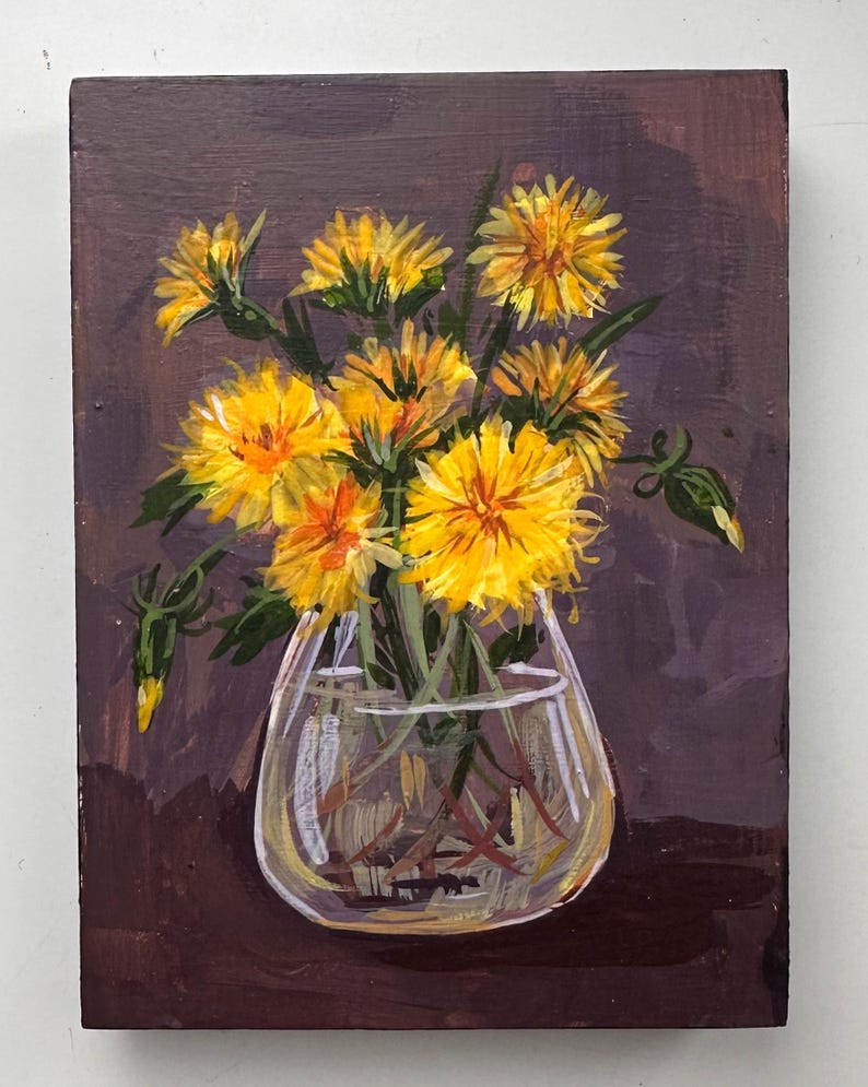 Mini Dandelion Painting on Plywood | Hand-painted Gouache Art | Nature ...