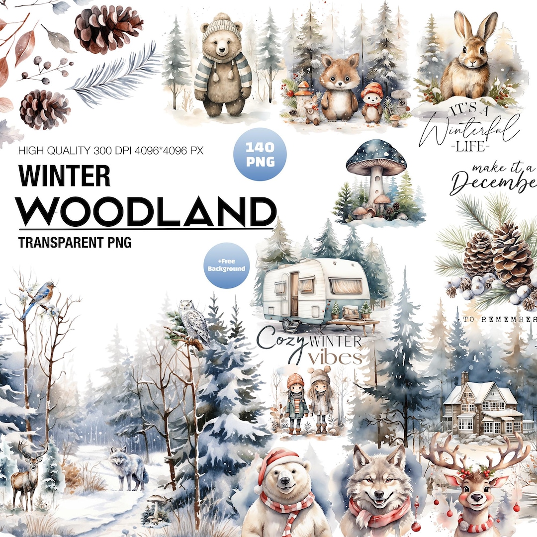 Bundle Winter Woodland, watercolor winter clipart, winter animals ...