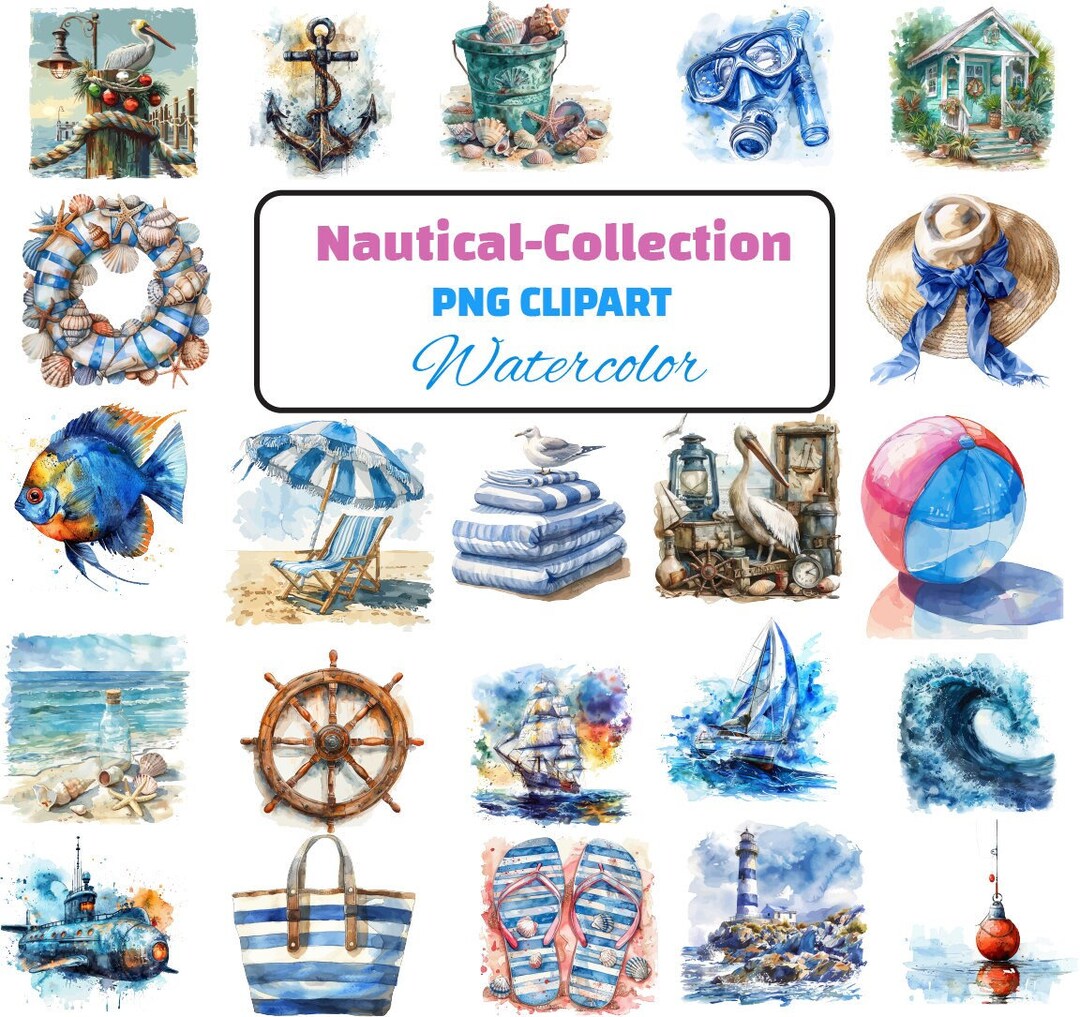 23 PNG Watercolor Nautical Clipart Bundle Beach, Travel, Ocean & Summer ...