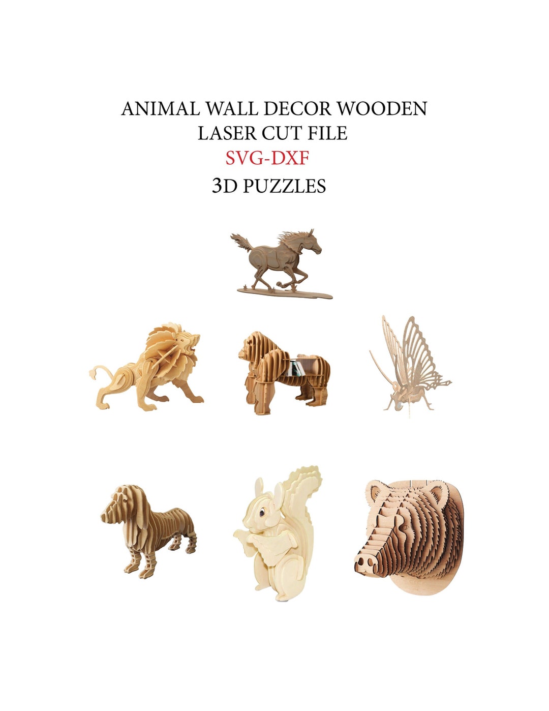 7 Animal Wall Decor Wooden SVG DXF 3D Puzzles Bundle for Cutting ...