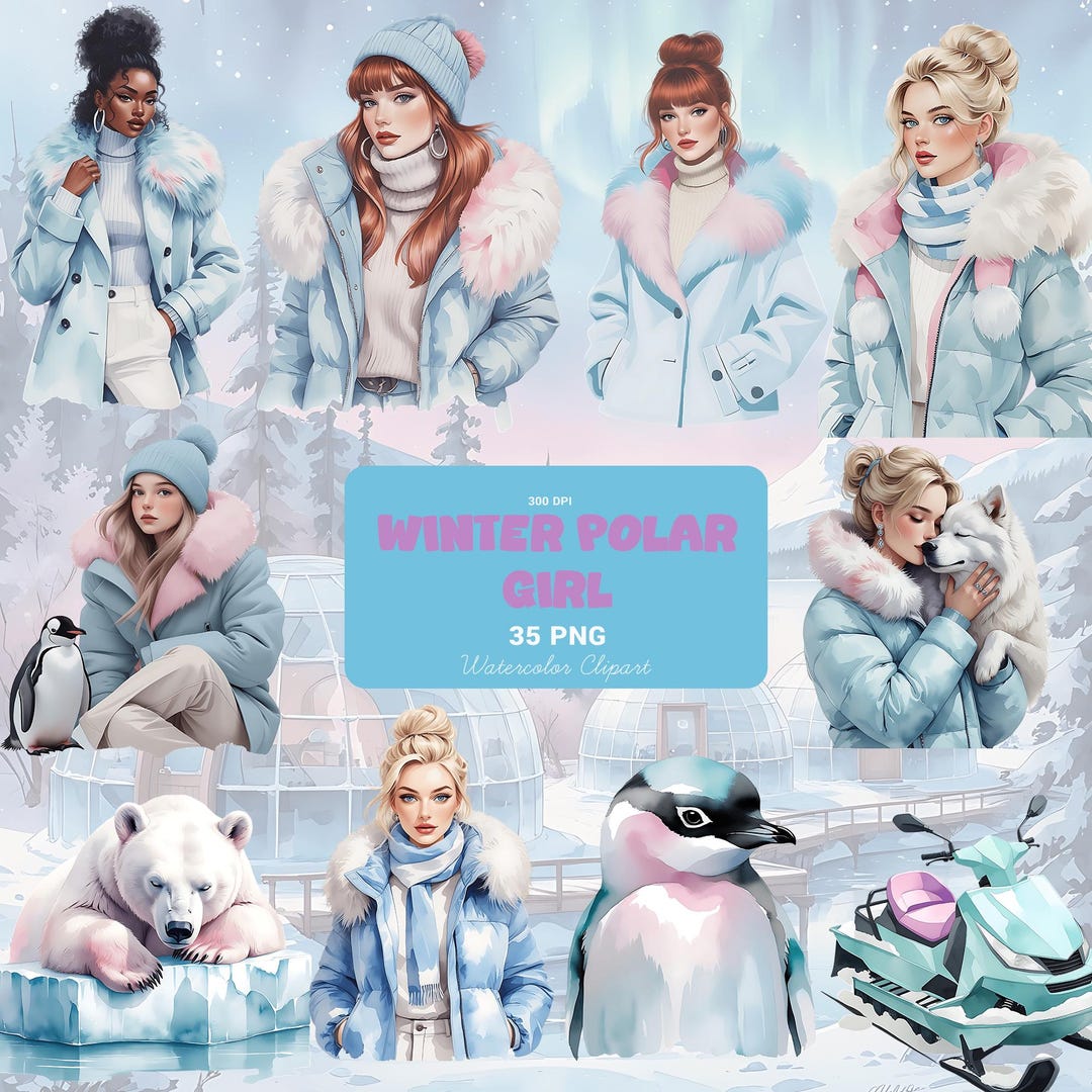 Polar Girl Watercolor Clipart | Winter Pastel PNG Bundle | Cute Arctic ...