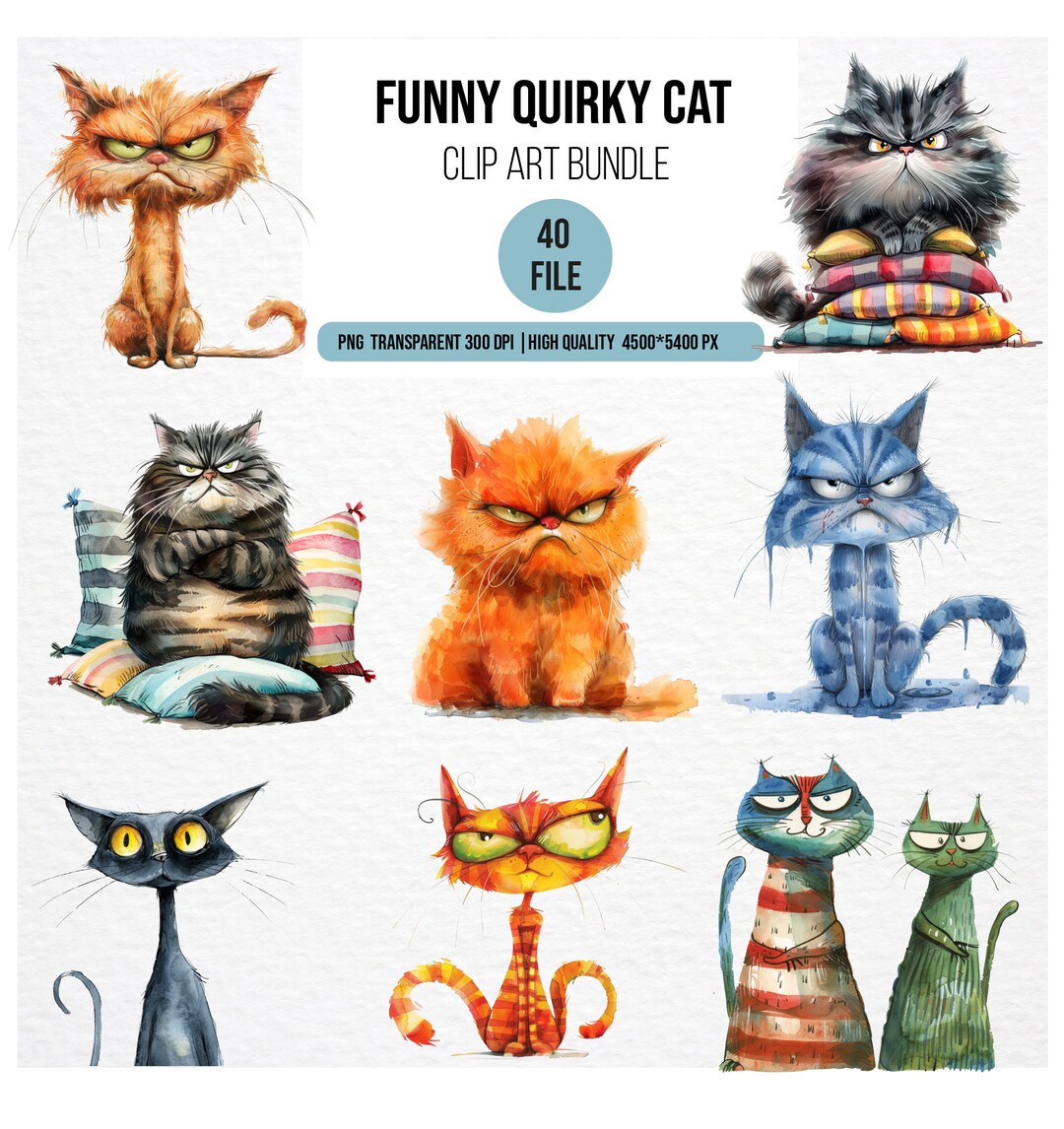 Funny Quirky Cat Clip Art Set 40 PNG Files High-quality 300 DPI ...