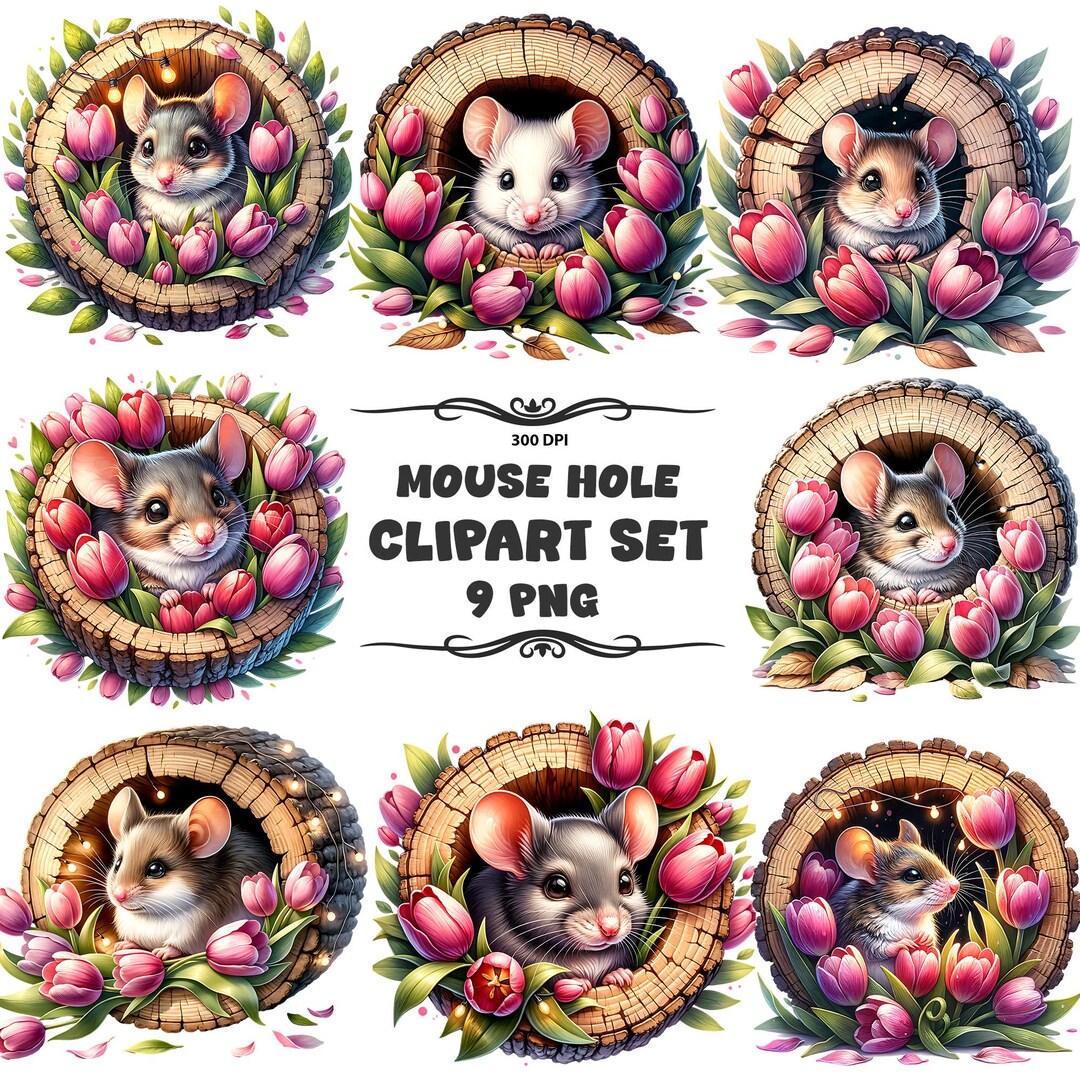 Mouse Hole Clipart Set, Nature Mice in Holes Watercolor Clipart ...