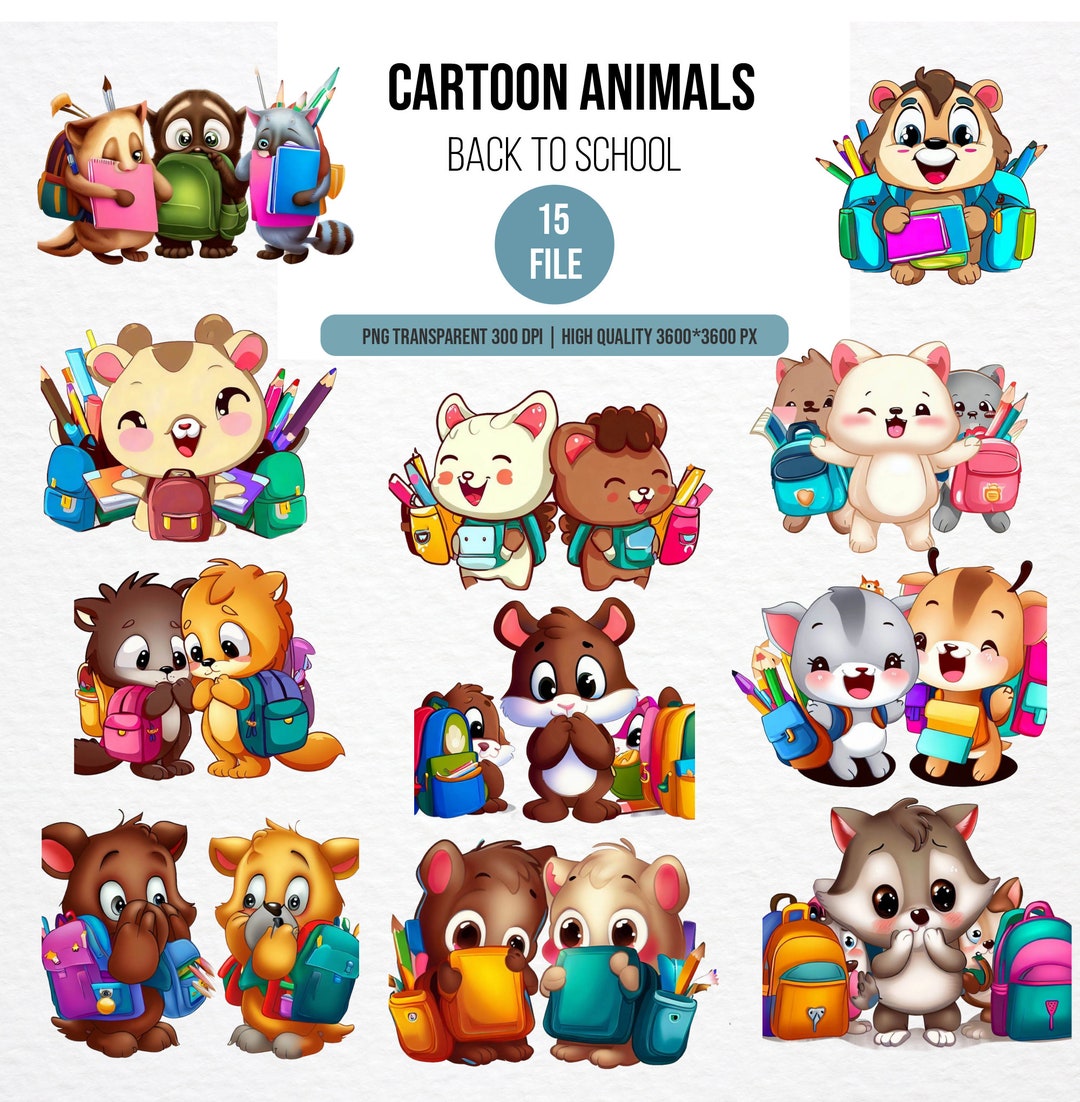 Back to School Cartoon Animals Clipart Bundle 15 PNG Files High ...