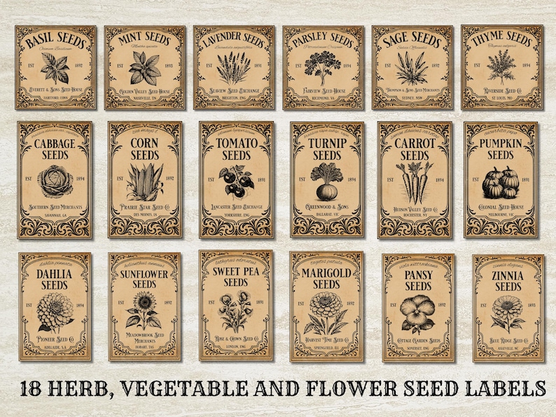 Vintage Seed Labels Digital Download, Victorian Farmhouse Herb ...