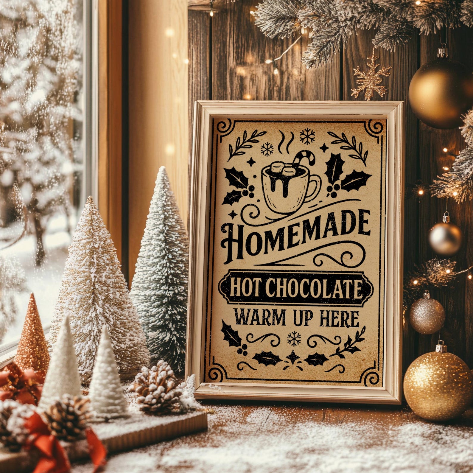 Vintage Hot Chocolate Sign Printable, Rustic Winter Kitchen Wall Art ...