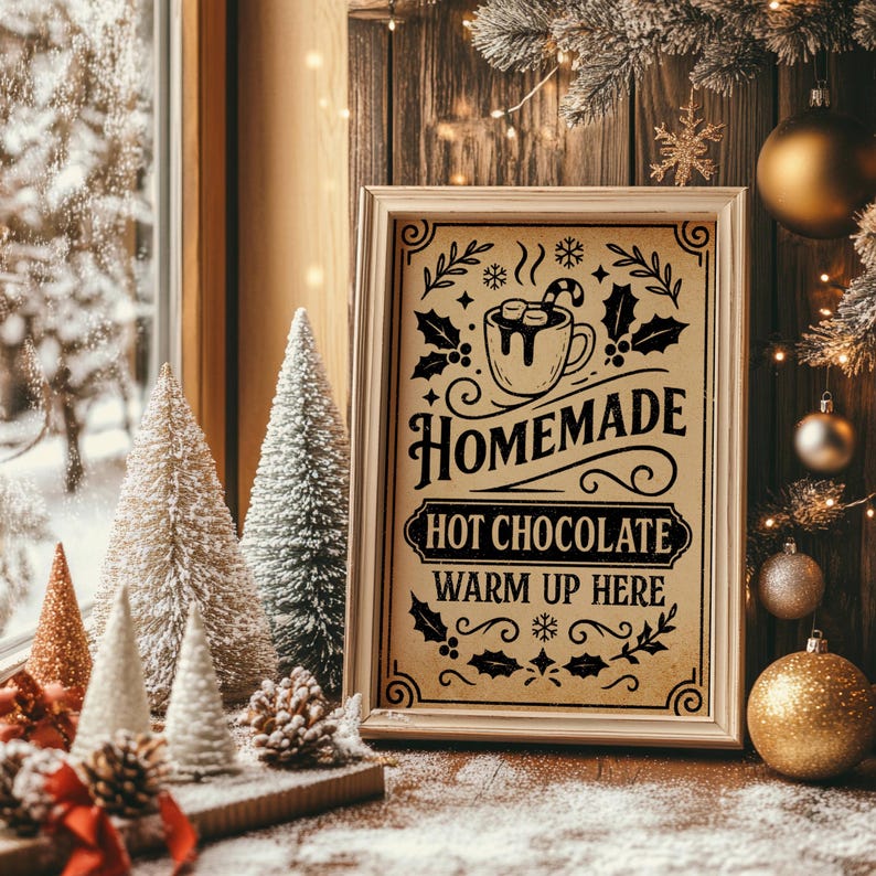 Vintage Hot Chocolate Sign Printable, Rustic Winter Kitchen Wall Art ...