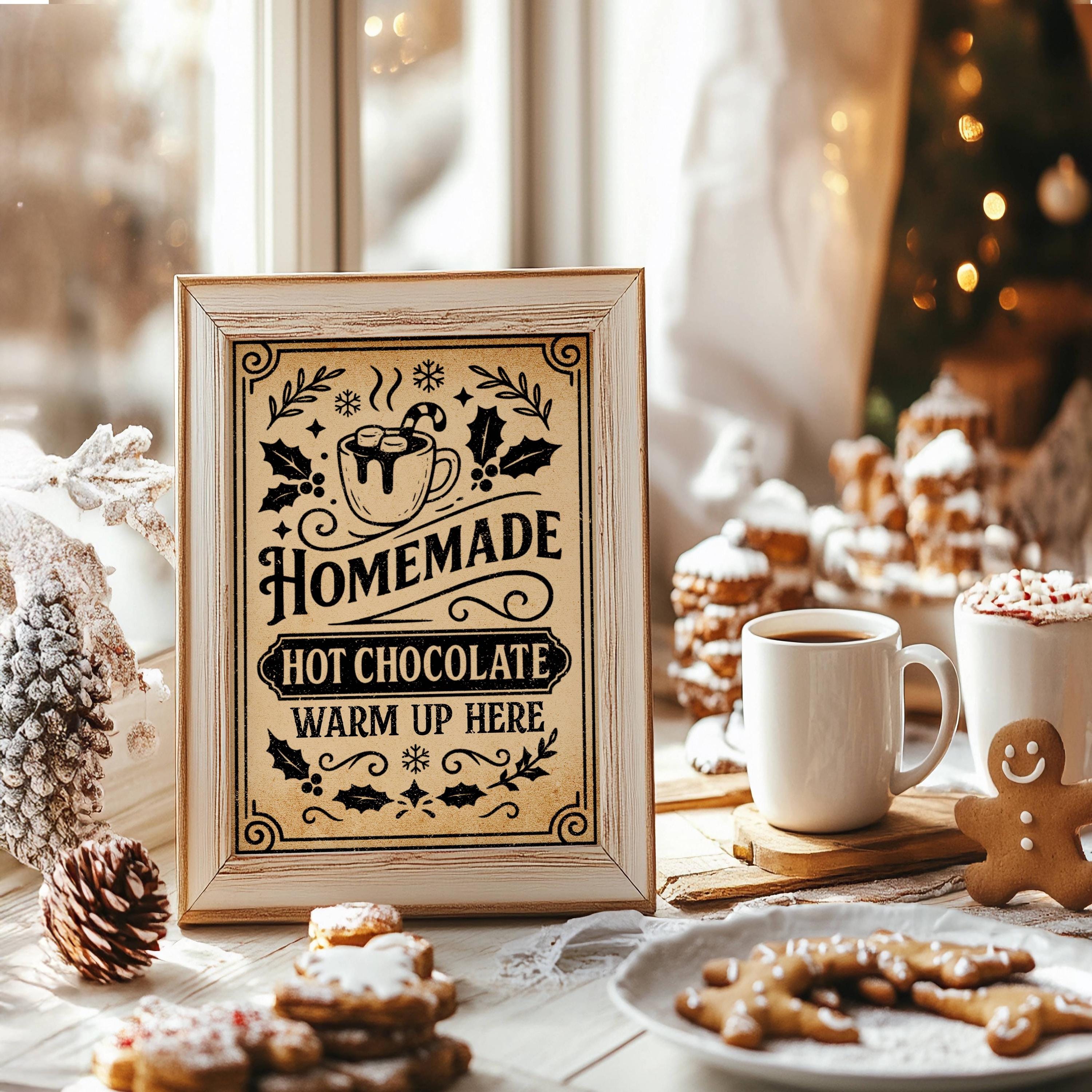 Vintage Hot Chocolate Sign Printable, Rustic Winter Kitchen Wall Art ...