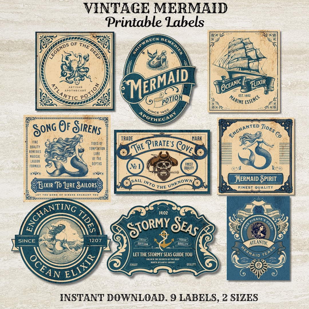 Vintage Mermaid Labels, Mermaid Printable Labels,mermaid Apothecary Jar ...