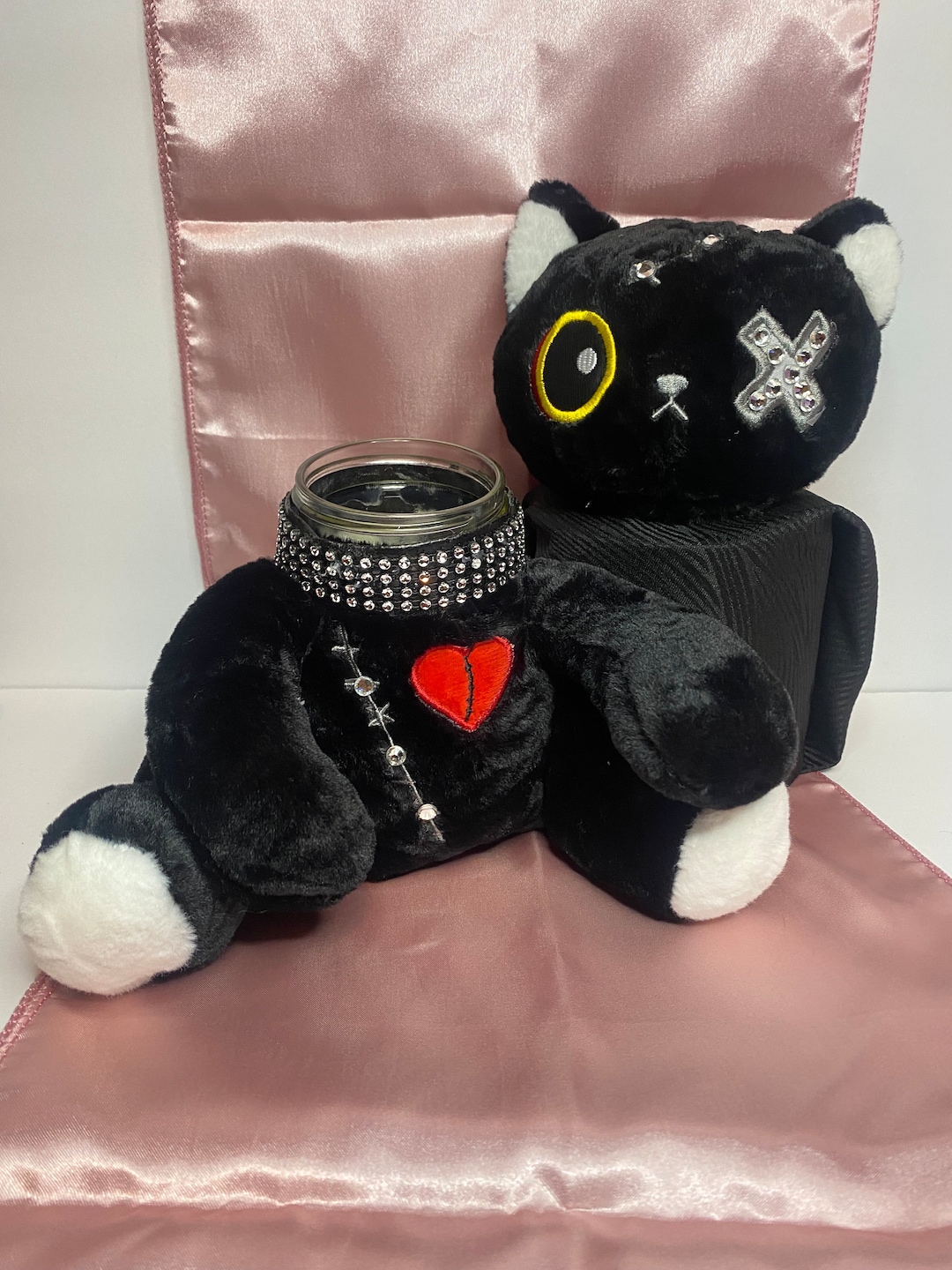 Bedazzled Gothic Cat Plush Stash Jar, Animal Doll Stuffed Toy, Mason ...