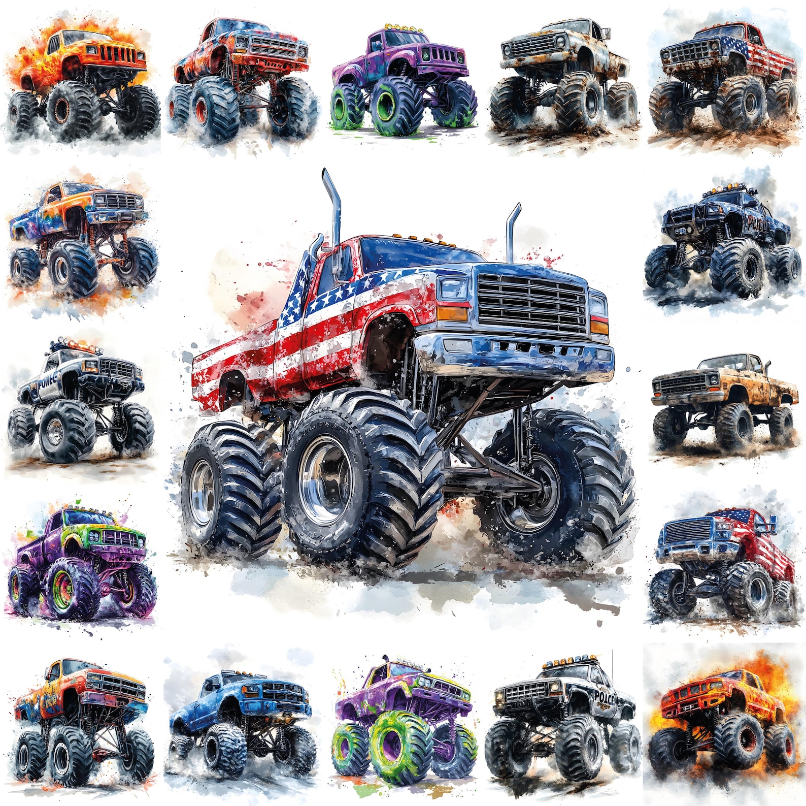 Monster Trucks Clipart Bundle – 35 Extreme Vehicle Clipart, American ...