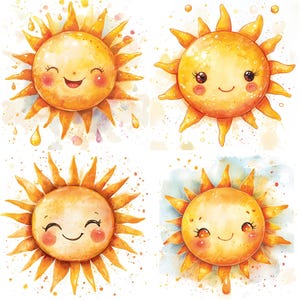 Cute Watercolor Sun Clipart Bundle, 30 Smiling Sun Illustrations With ...