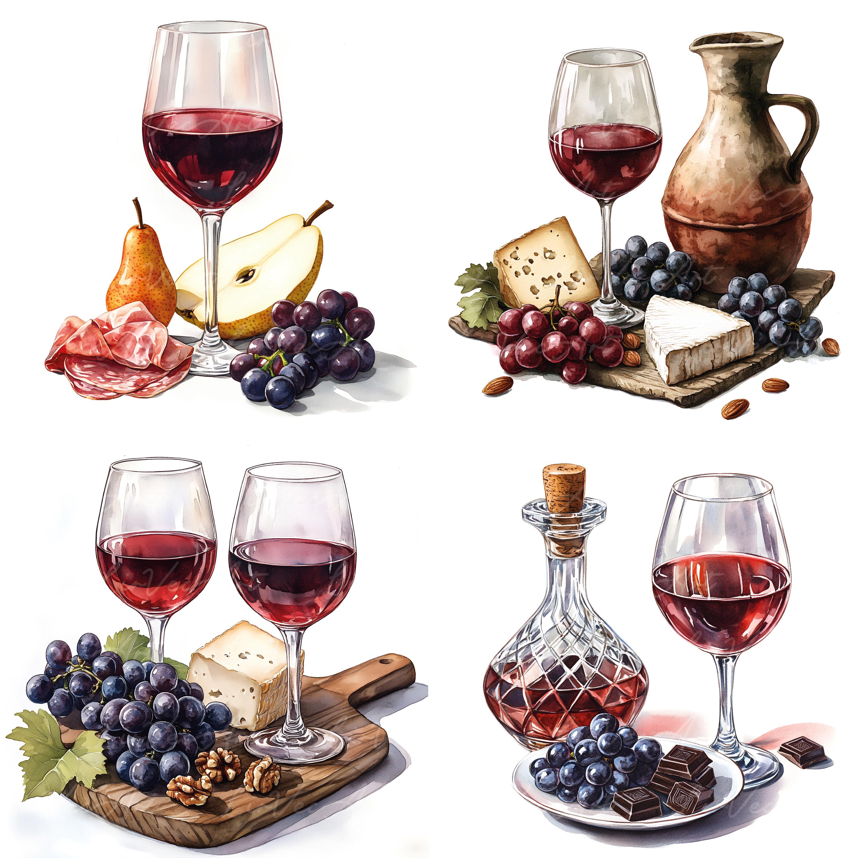 Watercolor Wine and Snack Clipart, Red & White Wine Glasses With Cheese ...
