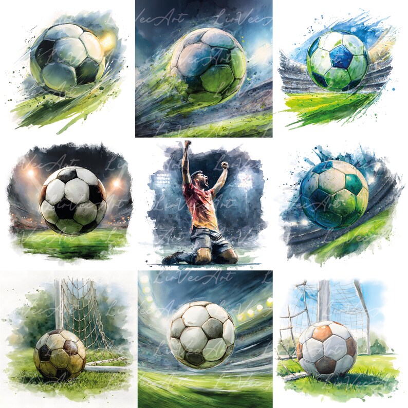 Watercolor Soccer Clipart Set of 40, Football Ball, Goal Celebrations ...