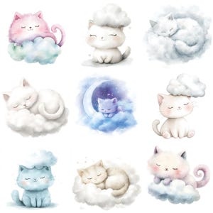 24 Cloud Cats Clipart, Watercolor Cute Kittens Made of Clouds and Moon ...