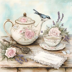 Shabby Chic Tea Set Clipart - 20 Watercolor Vintage Illustrations ...