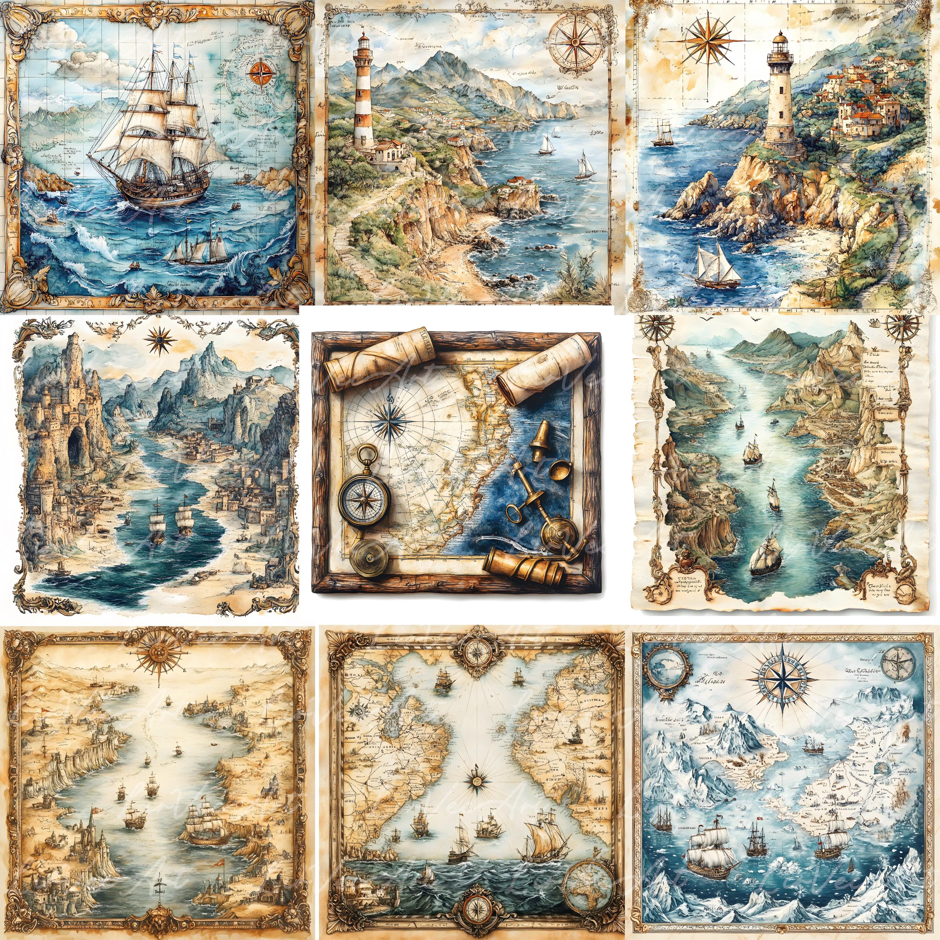 30 Vintage Nautical Explorer Maps Clipart – Old World Sea Charts ...