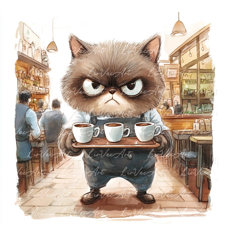 17 Grumpy Cat Barista Clipart Set - Funny Coffee Lover Digital Art ...