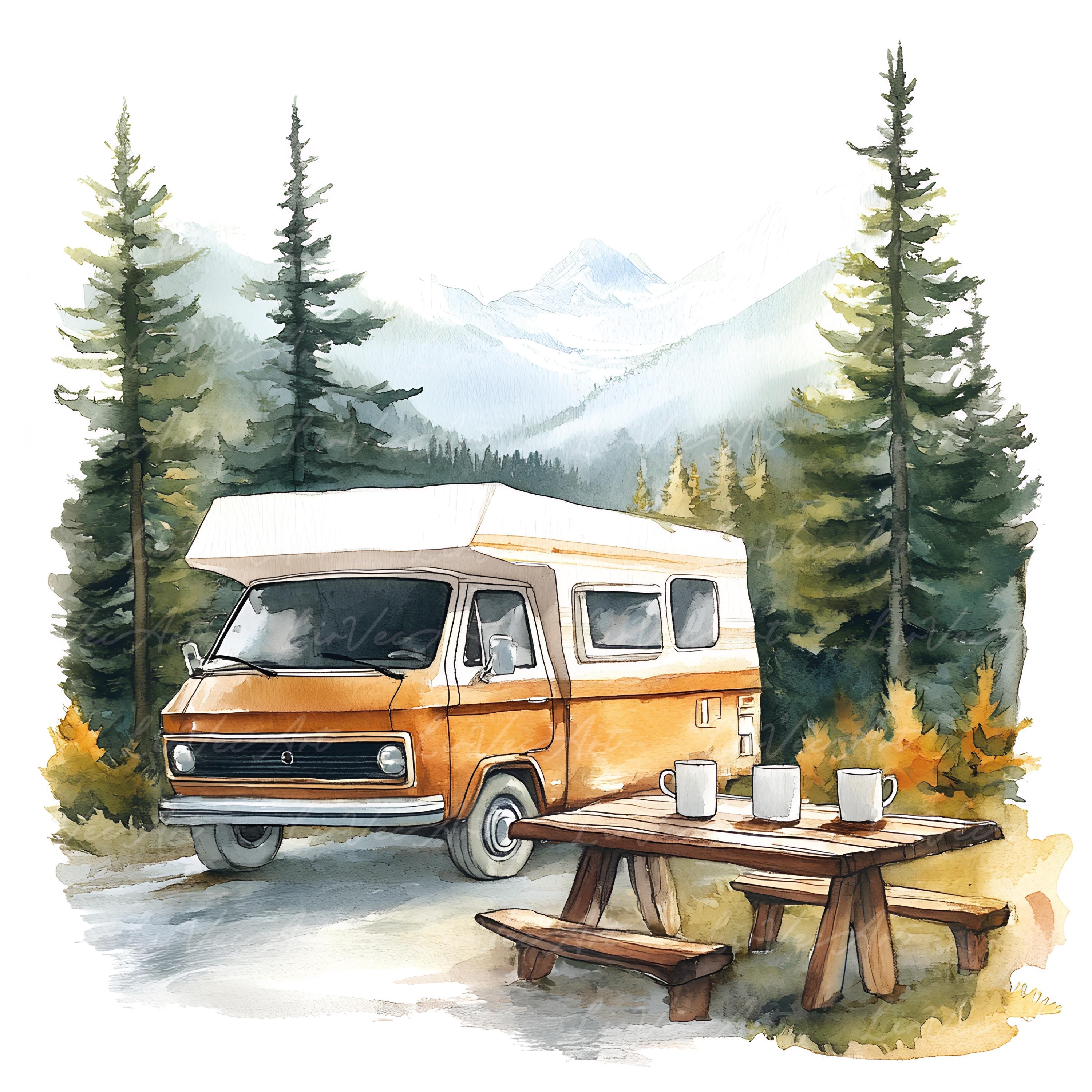 25 Watercolor Camper Van Clipart – Cozy Outdoor Landscapes & Seasonal ...