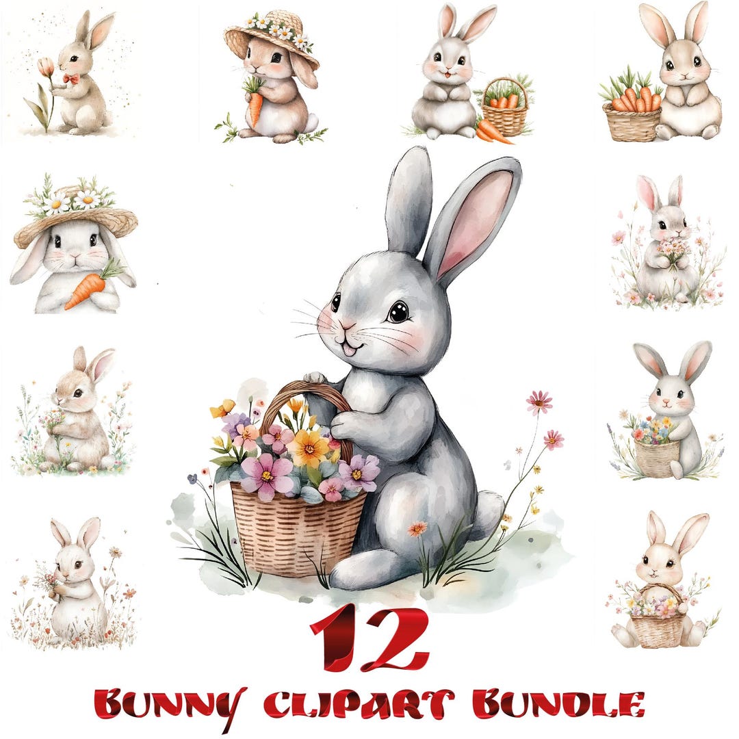 12 Bunny Clipart Bundle - Cute Watercolor Rabbits With Flowers ...