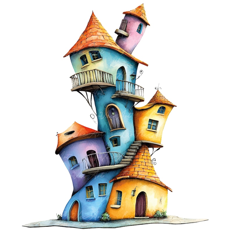 Whimsical Fantasy Houses Clipart – 28 Colorful Cartoon Buildings With ...