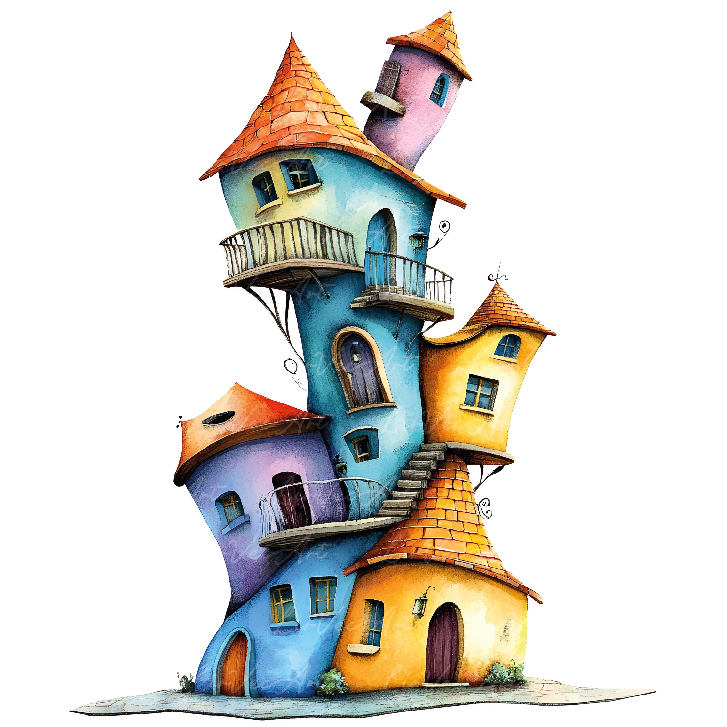 Whimsical Fantasy Houses Clipart – 28 Colorful Cartoon Buildings With ...
