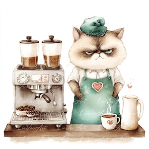 17 Grumpy Cat Barista Clipart Set - Funny Coffee Lover Digital Art ...