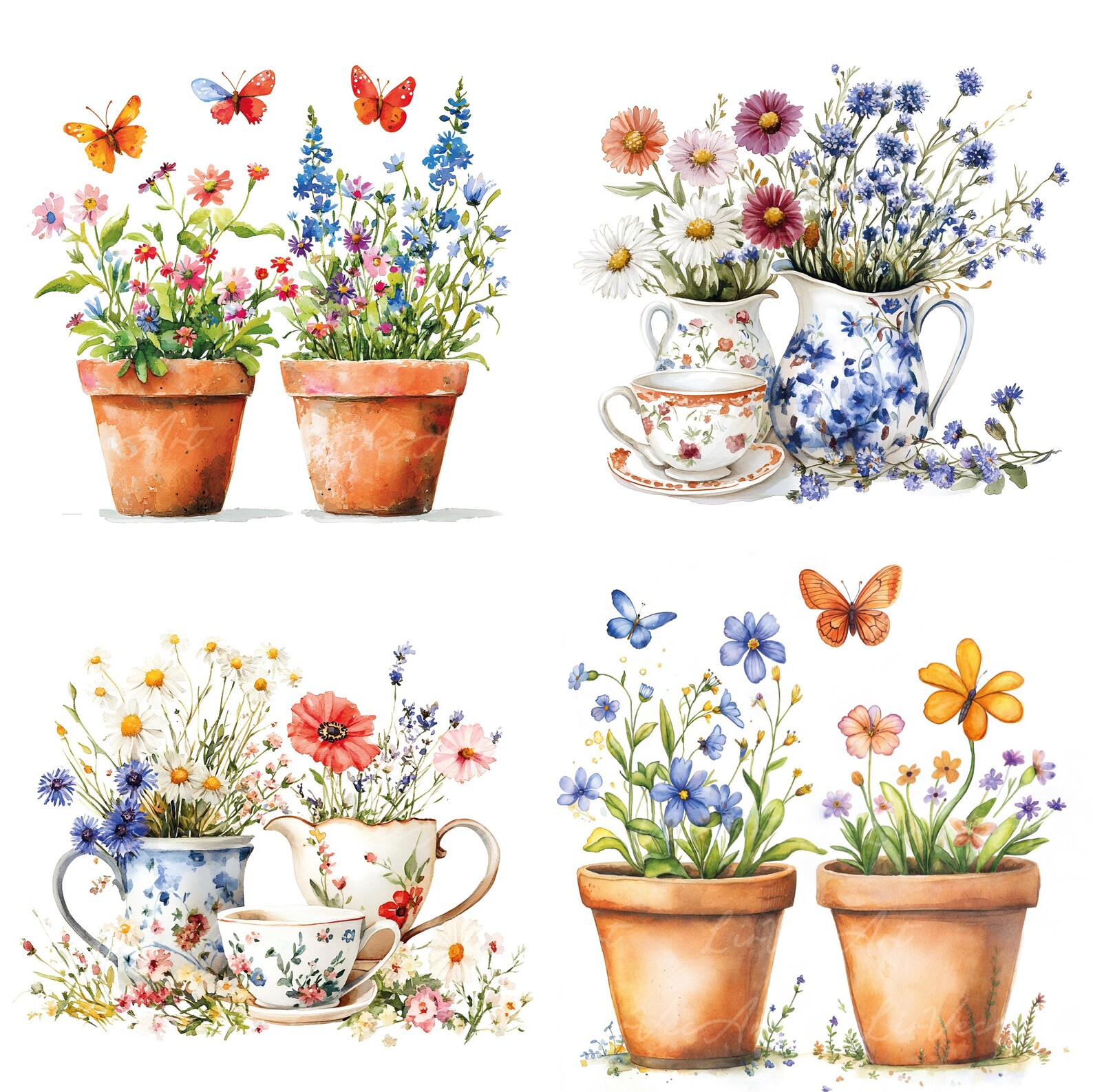 25 Whimsical Watercolor Flower Pot Cliparts – Floral Summer Decor ...