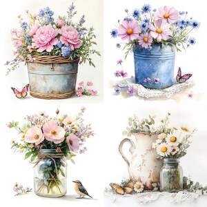 Shabby Chic Flower Bouquet Clipart – 25 Rustic Watercolor Floral ...