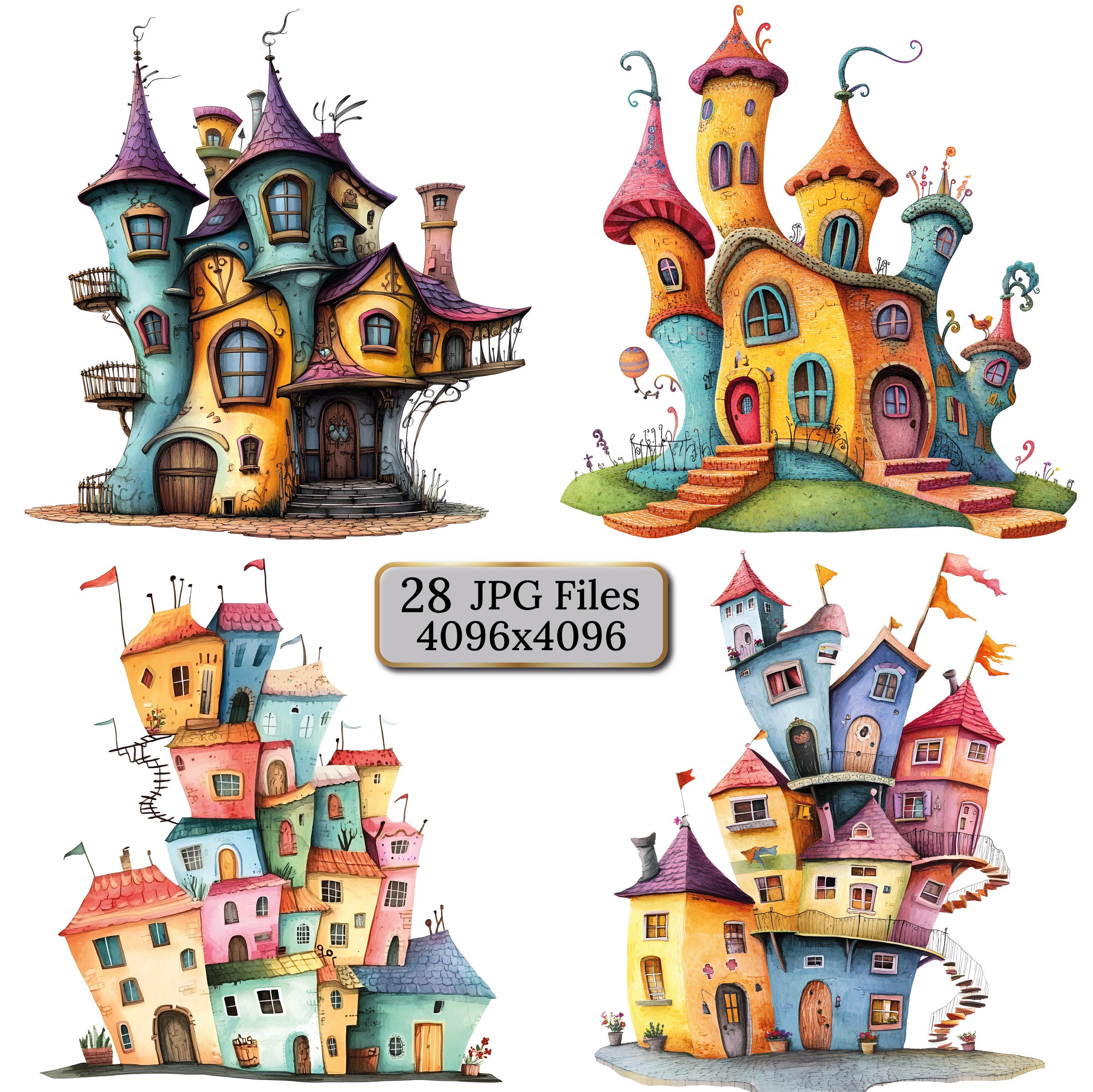 Whimsical Fantasy Houses Clipart – 28 Colorful Cartoon Buildings With ...
