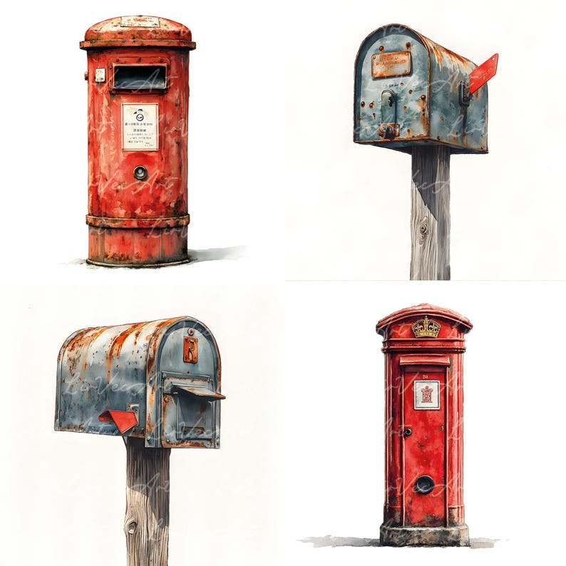 Vintage Watercolor Mailbox Clipart – 50 Rusty Old Post Boxes, Mail ...