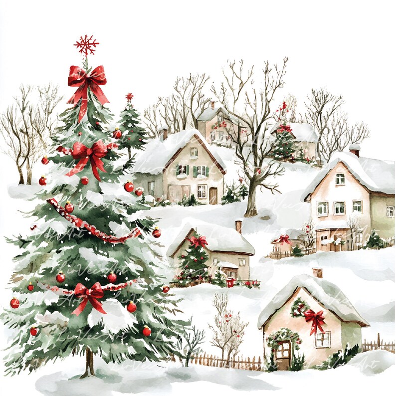 10 Watercolor Christmas Village Clipart Set, Christmas Card Art ...