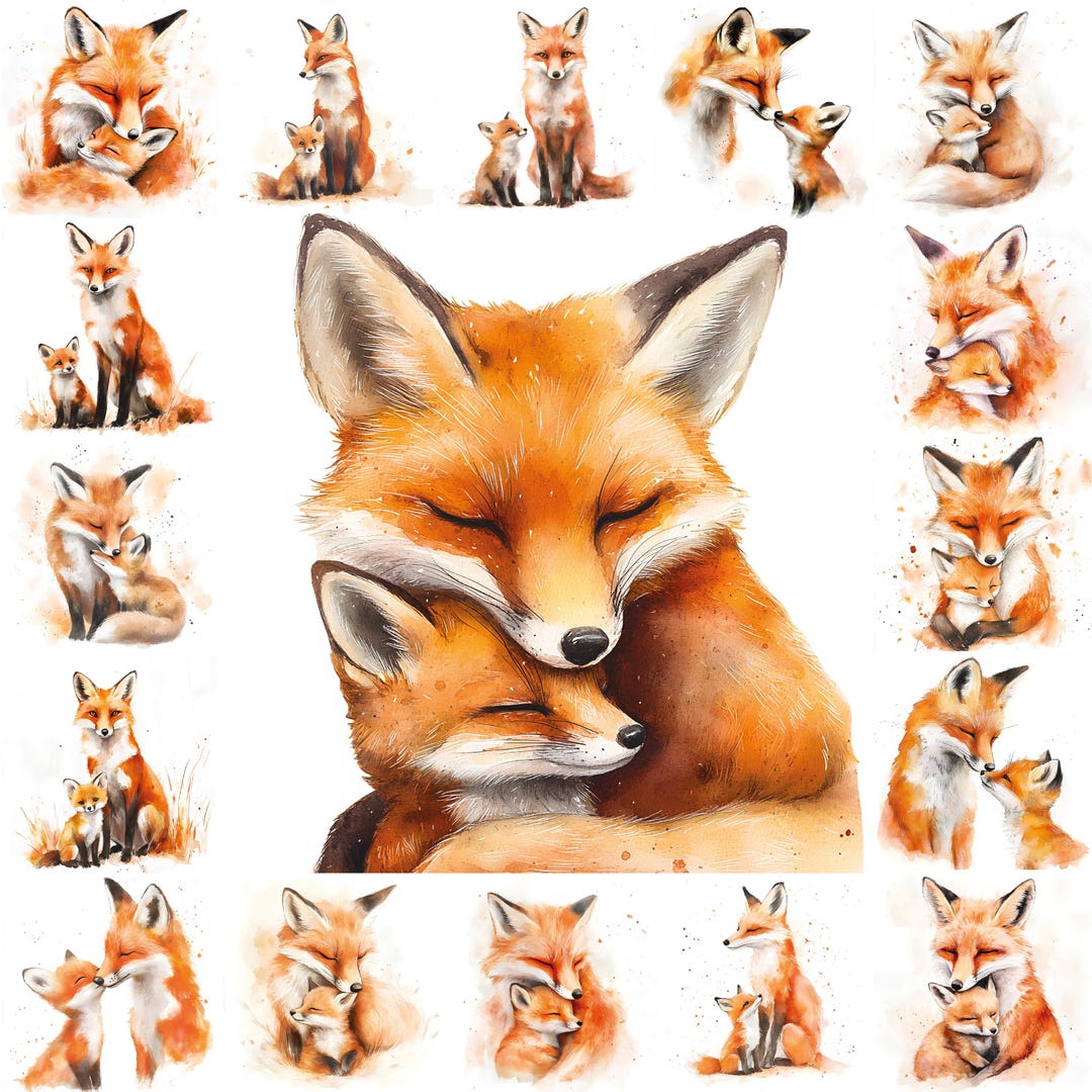 Adorable Fox and Kit Art Prints Bundle, 19 High-resolution Watercolor ...
