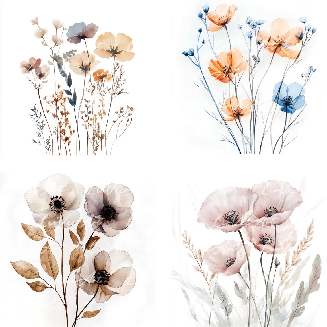 32 Abstract Flowers Clipart, Dried Flowers, Printable Watercolor ...