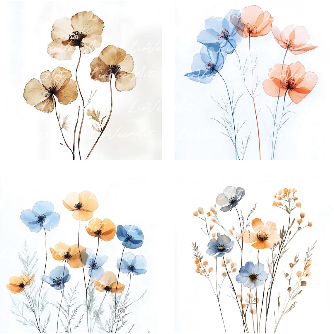 32 Abstract Flowers Clipart, Dried Flowers, Printable Watercolor ...