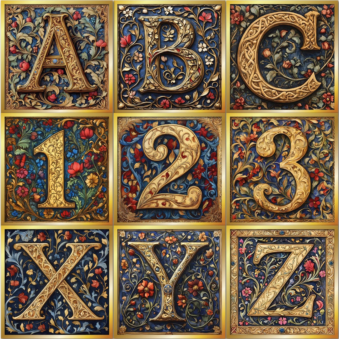 Illuminated Medieval Alphabet and Numbers – Ornate Gold Letters, Floral ...