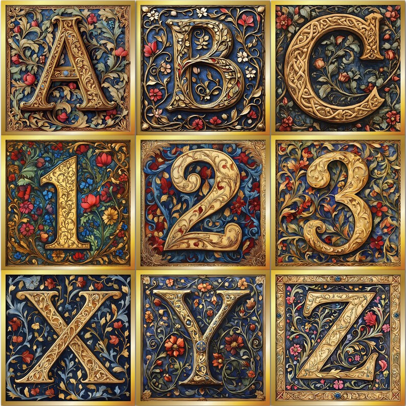 Illuminated Medieval Alphabet and Numbers – Ornate Gold Letters, Floral ...