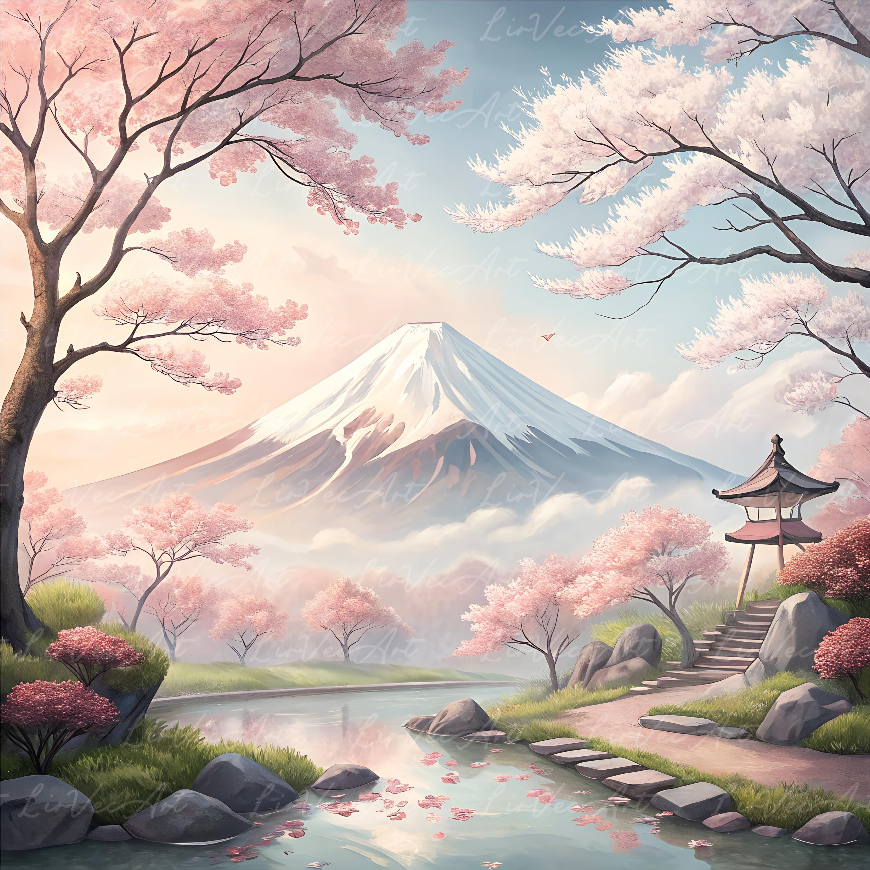 19 Japanese Garden in Spring Clipart, Watercolor Spring Landscapes With ...