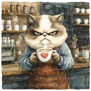 17 Grumpy Cat Barista Clipart Set - Funny Coffee Lover Digital Art ...