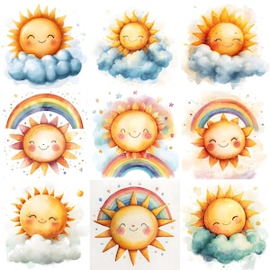 Cute Watercolor Sun Clipart Bundle, 30 Smiling Sun Illustrations With ...