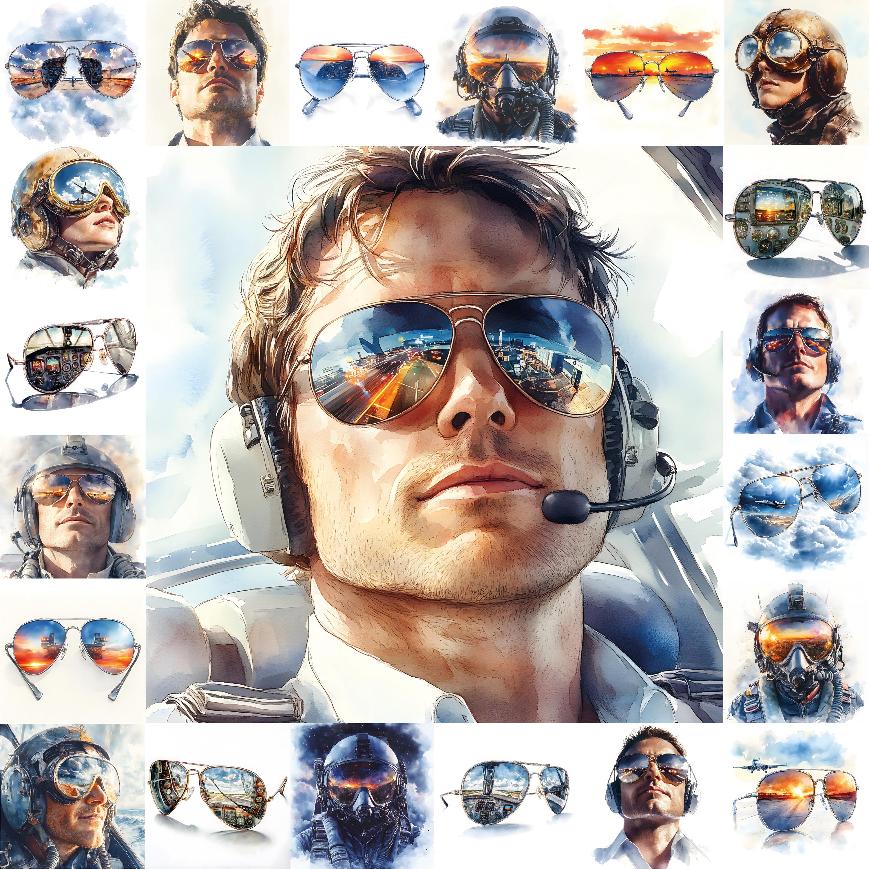 Aviator Reflections – 35 Realistic Watercolor Pilot & Sunglasses Art ...