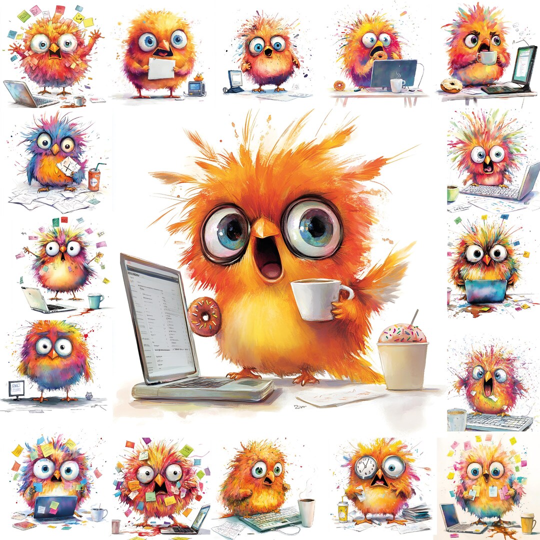 Whimsical Office Birds Clipart - 17 Funny Overworked Birds - Greeting ...