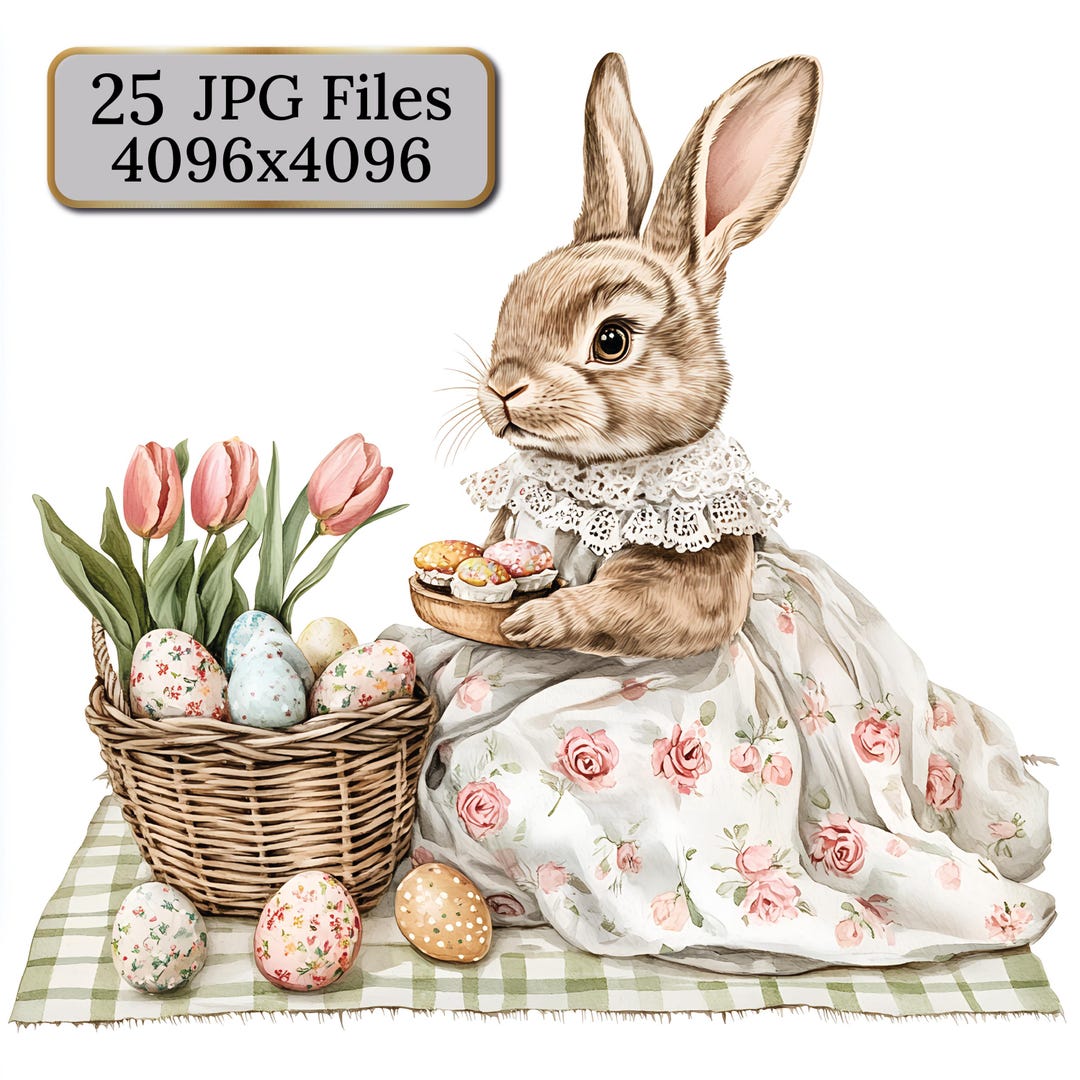 25 Vintage Easter Bunny Clipart Set, Adorable Watercolor Illustrations ...
