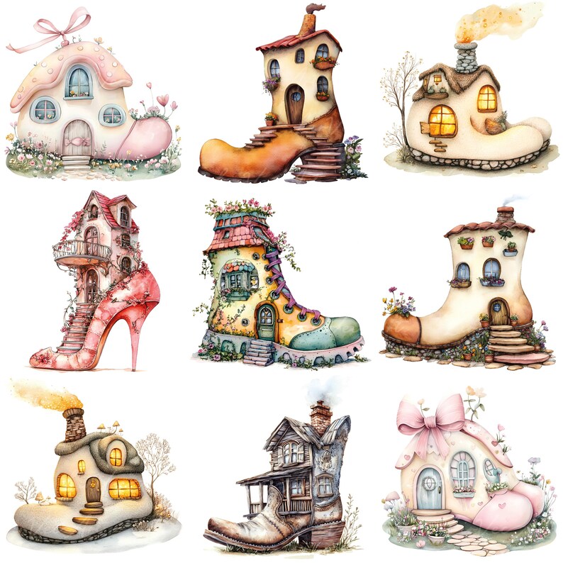 25 Whimsical Shoe House Cliparts – Fantasy Footwear Homes in Watercolor ...