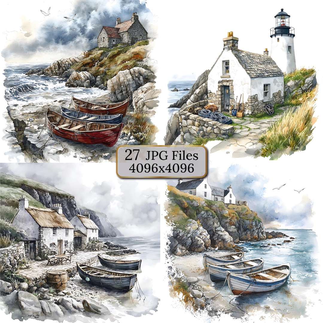 Rustic Irish Fishing Village Watercolor Clipart – 27 Coastal Harbor ...