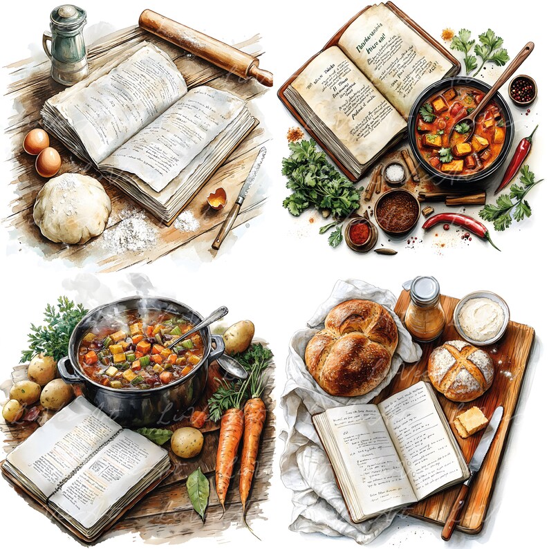 Vintage Watercolor Cookbook Clipart – Rustic Recipe Book Illustrations ...