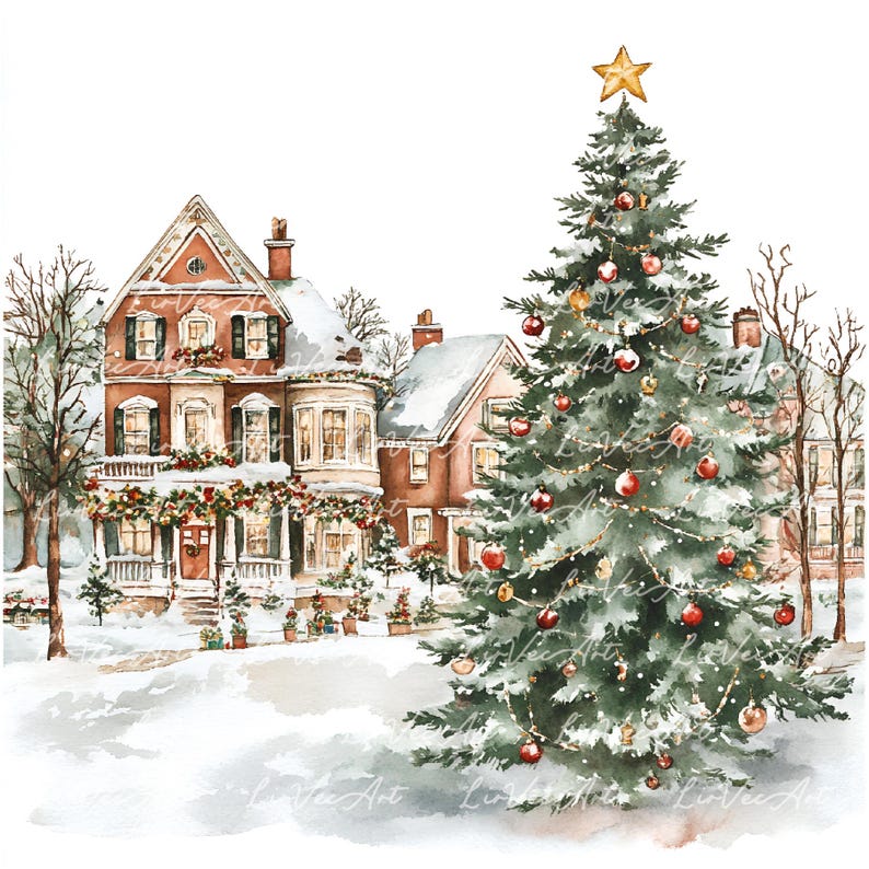 10 Watercolor Christmas Village Clipart Set, Christmas Card Art ...