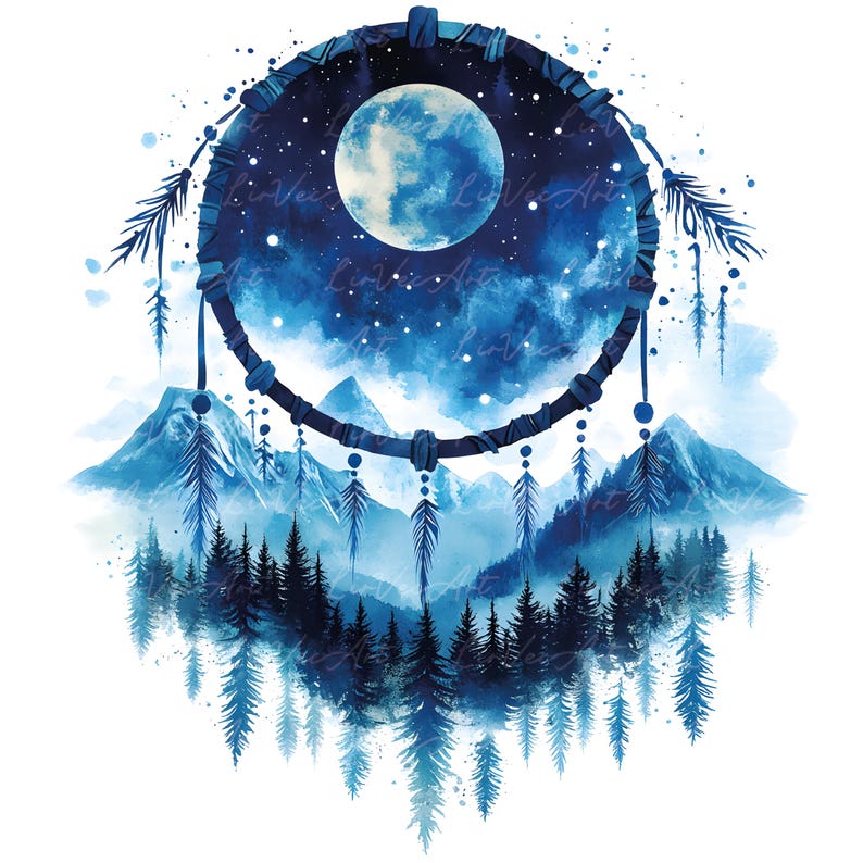Dreamcatcher Clipart Set With Night Forest Landscapes, Moon and Stars ...